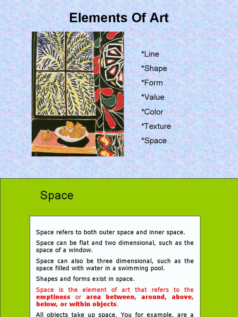Elements of Art: Line Shape Form Value Color Texture Space | PDF | Color | Vision