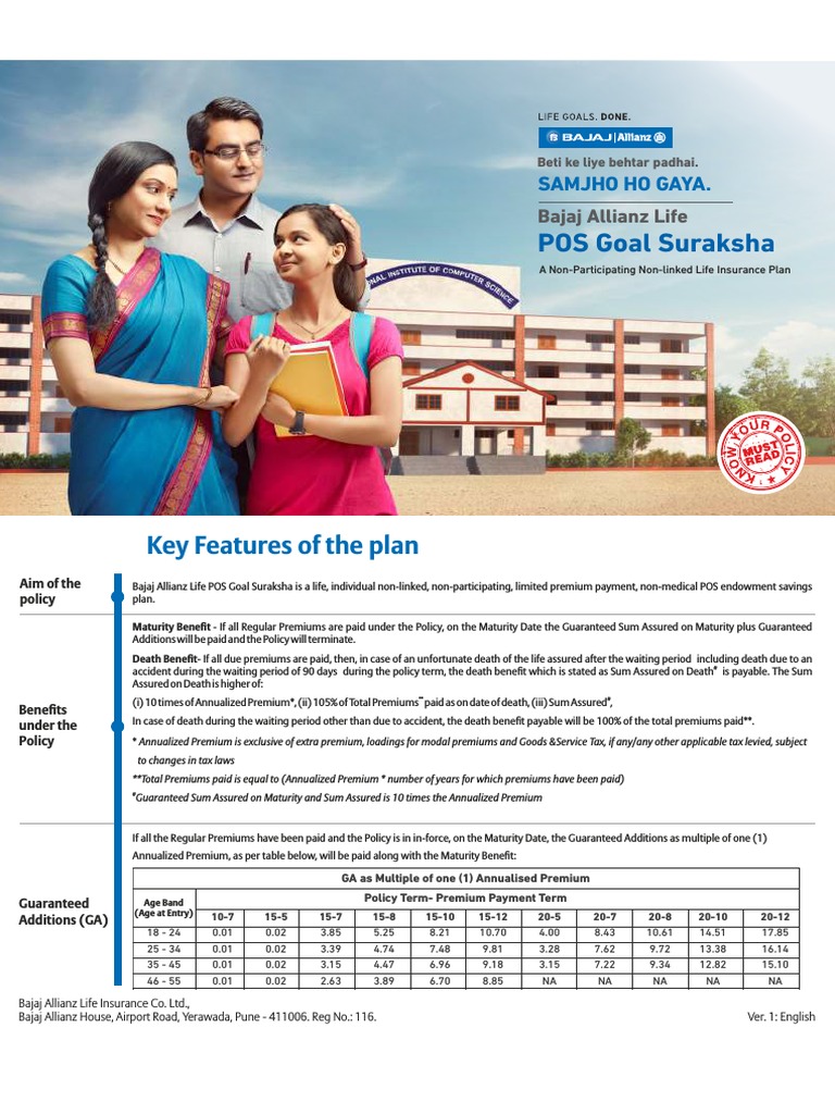 POS Goal Suraksha: Key Features of The Plan | PDF | Life Insurance ...