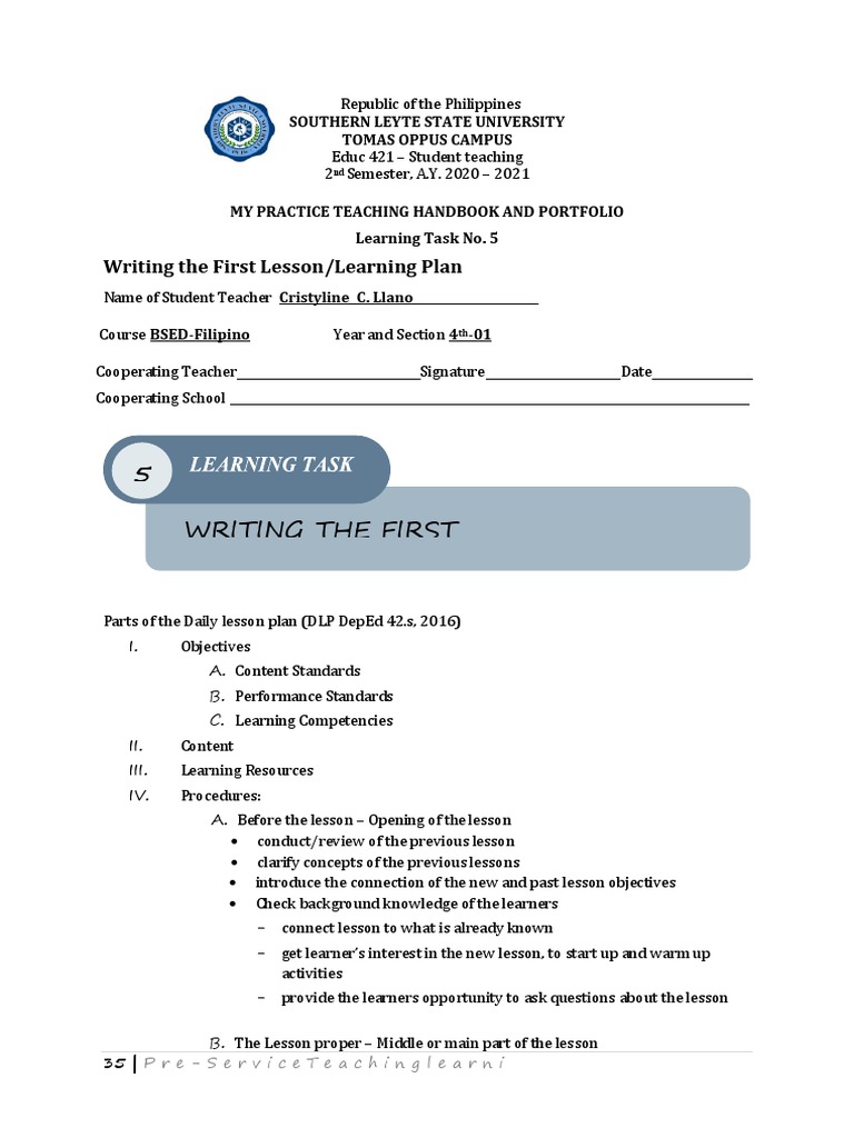 Writing The First Lesson/Learning Plan | PDF | Lesson Plan | Teachers
