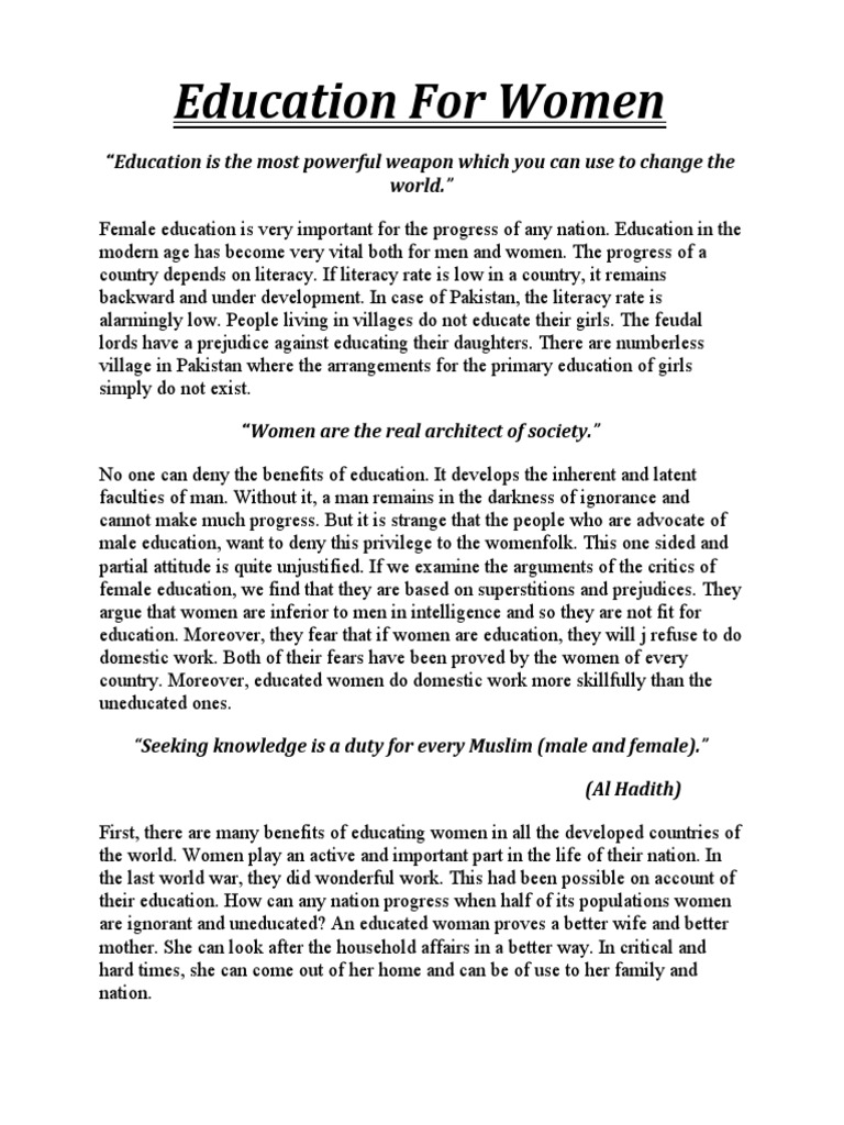 Education For Women | PDF | Female Education | Family