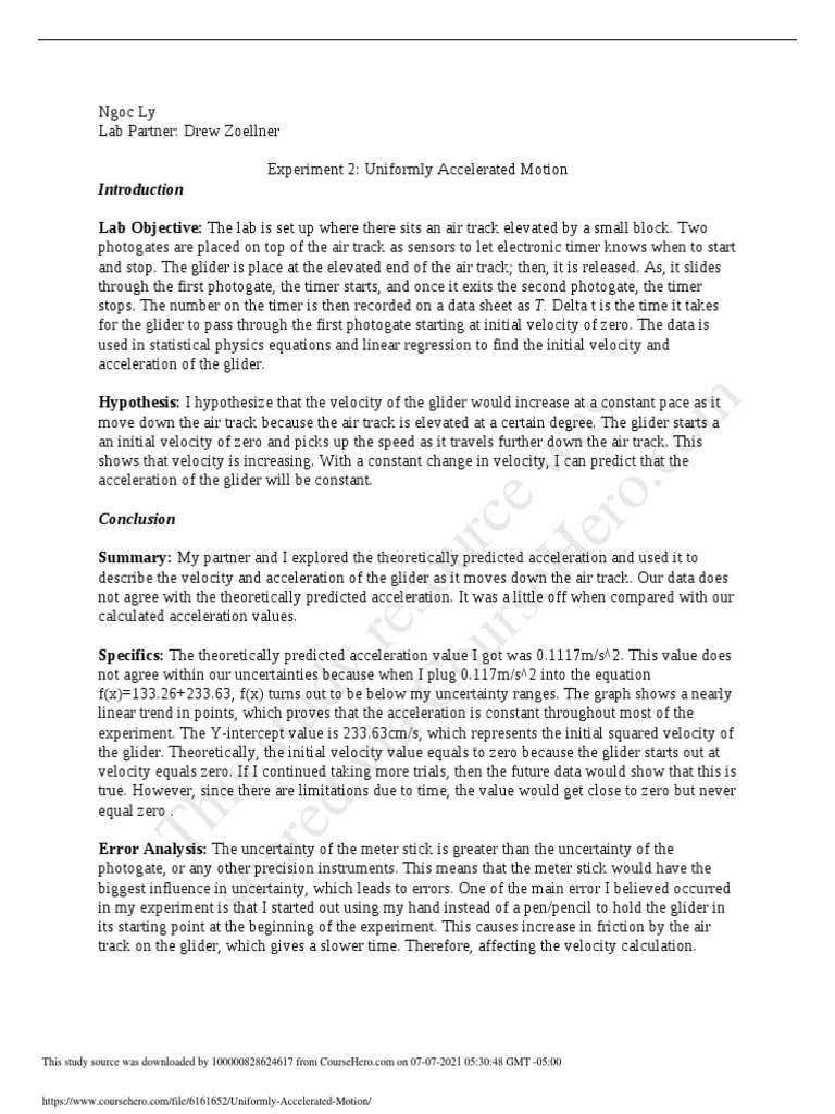 Uniformly Accelerated Motion Lab Results | PDF | Acceleration | Uncertainty