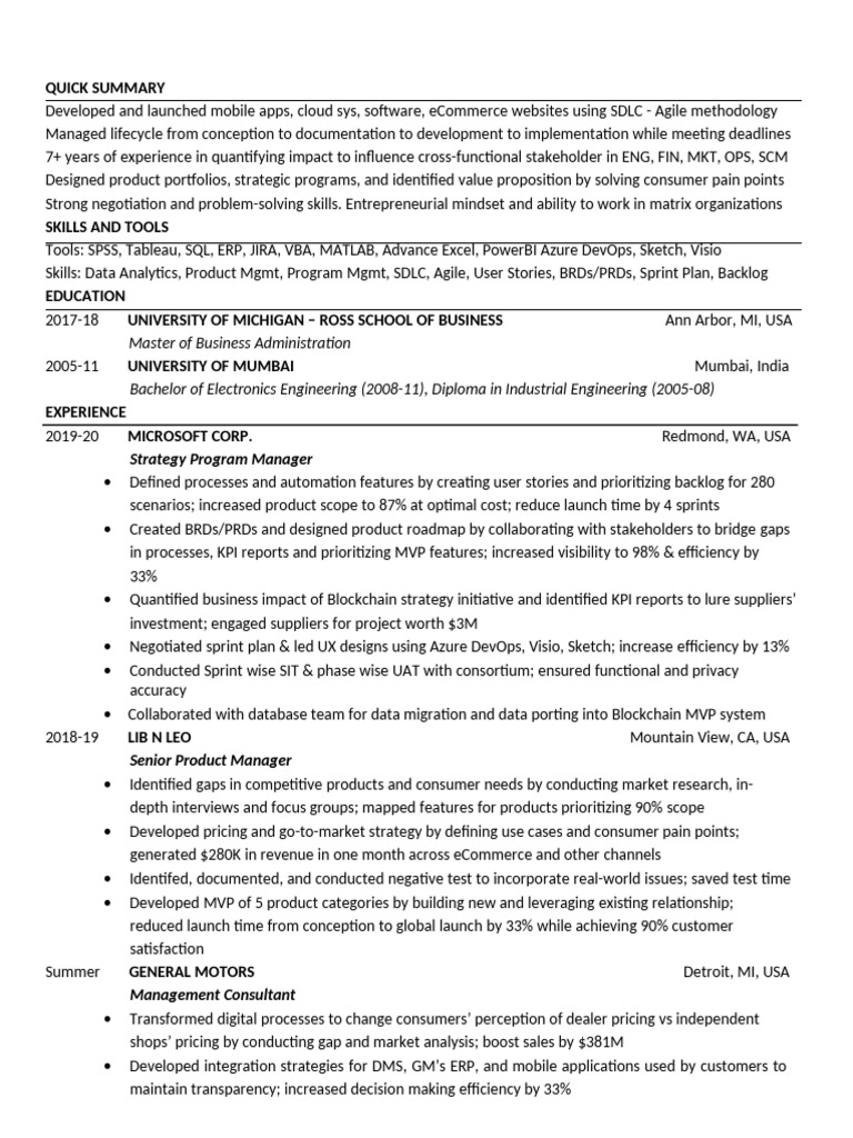 Sample Resume Product Manager | PDF | Enterprise Resource Planning | E Commerce