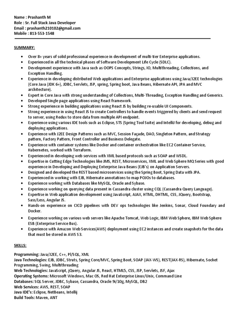 Prashanth Resume | PDF | Spring Framework | Java (Programming Language)