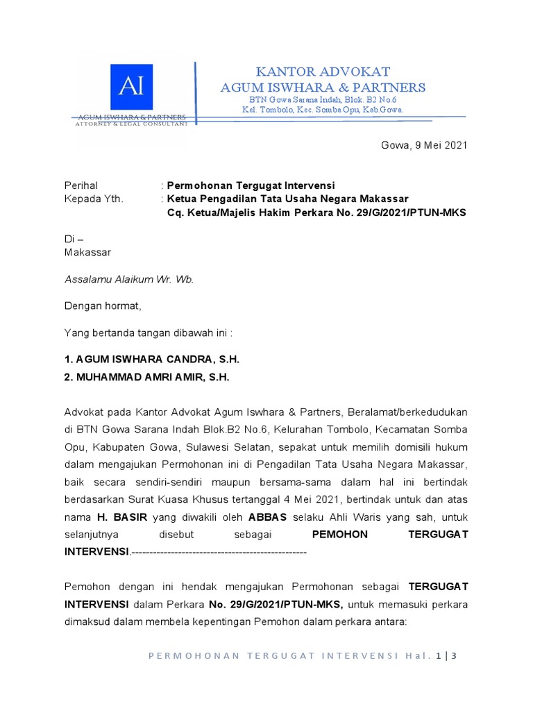 Contoh Permohonan Tergugat Intervensi PTUN | PDF | Hukum