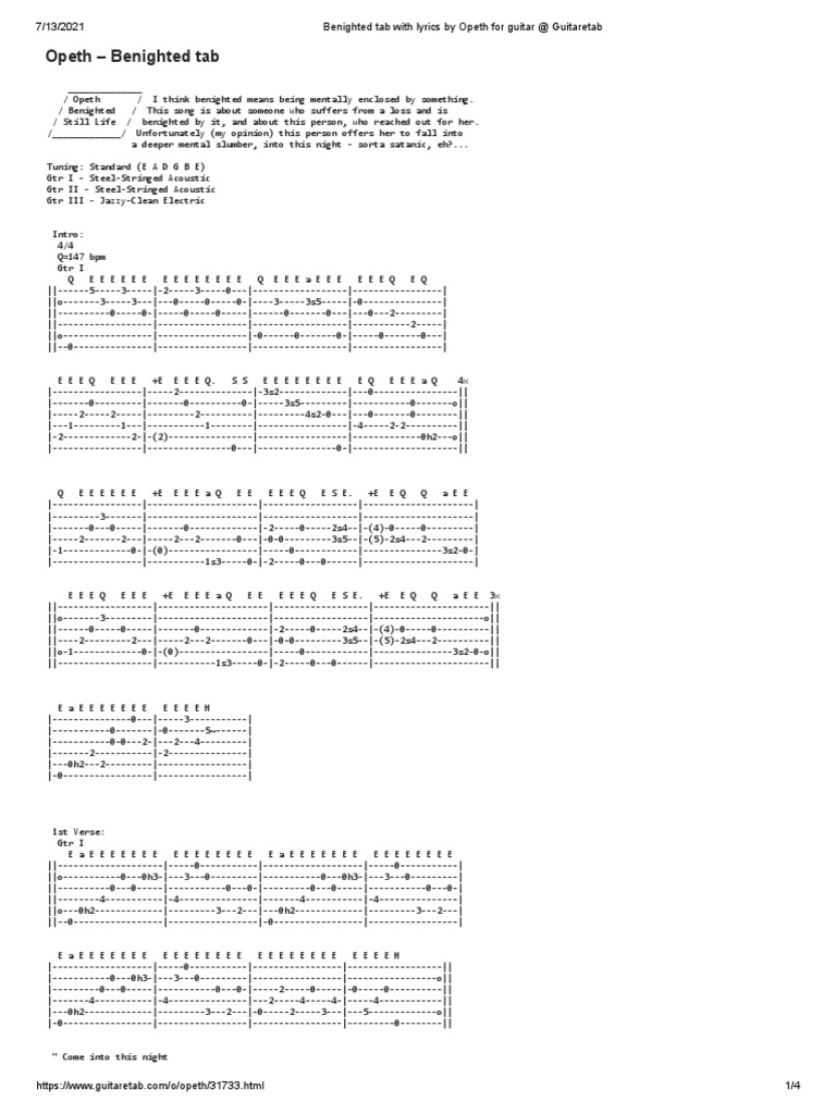 Benighted Tab With Lyrics by Opeth For Guitar at Guitaretab | PDF ...