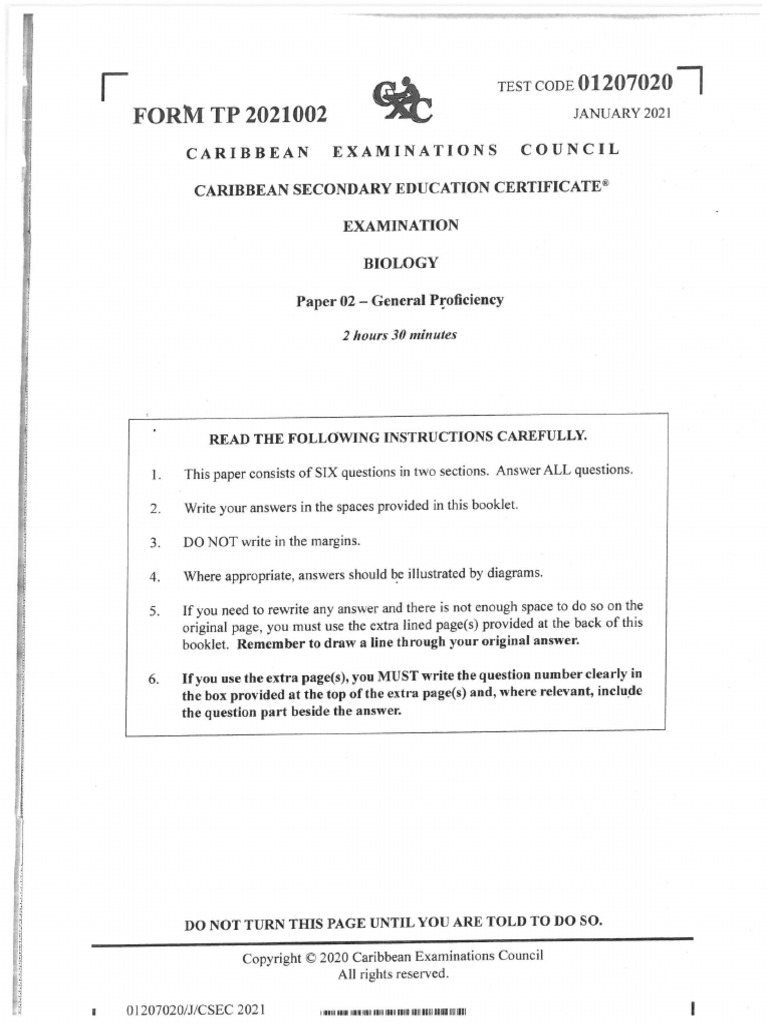 CXC Biology January 2021 Paper 2 | PDF