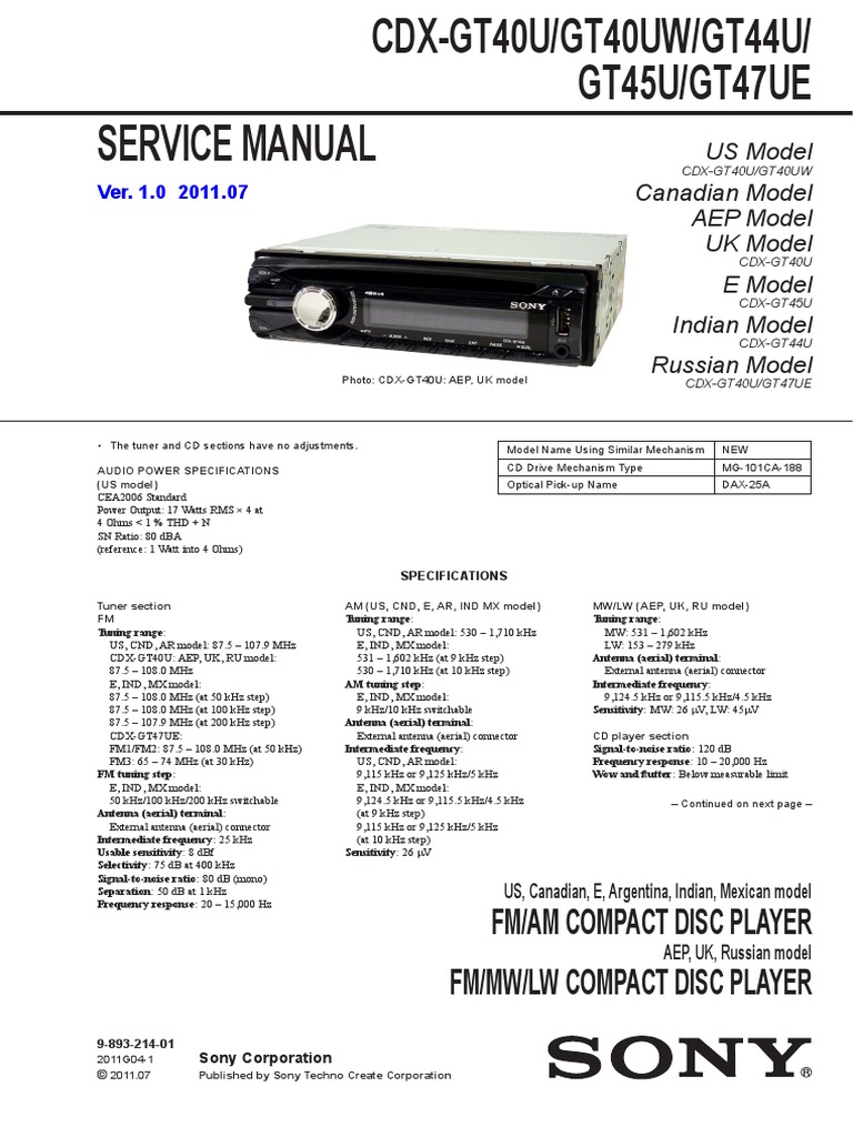 Service Manual: Fm/Am Compact Disc Player FM/MW/LW Compact Disc Player ...
