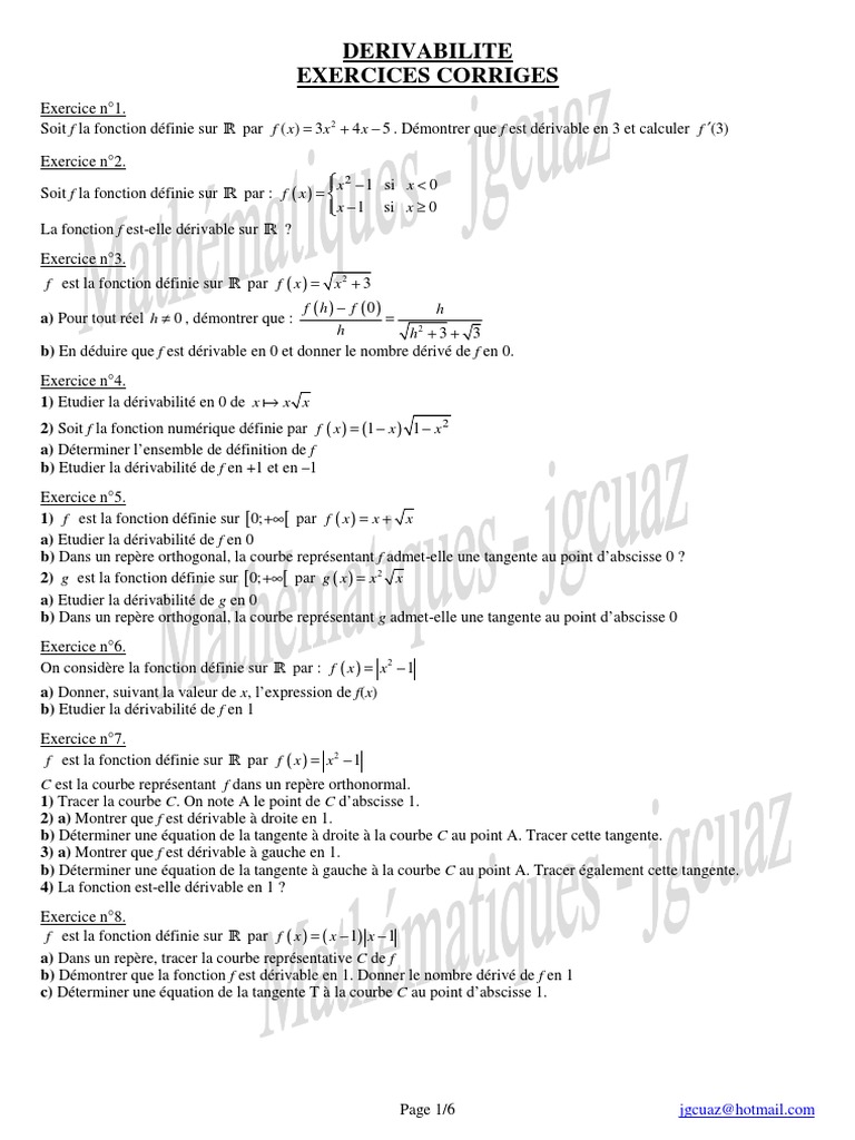 Exercices Corrigés de Dérivabilité | PDF | Fonction (Mathématiques ...