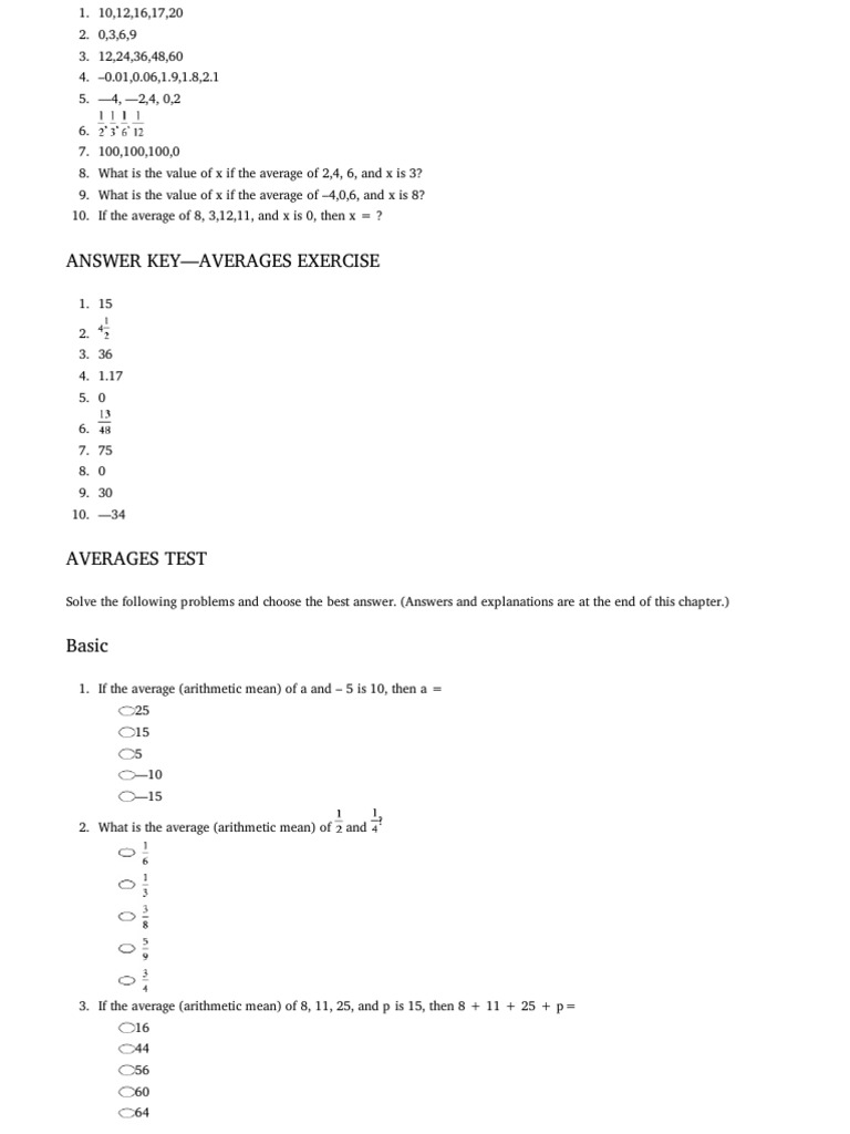 Answer Key-Averages Exercise | PDF | Ratio | Mean