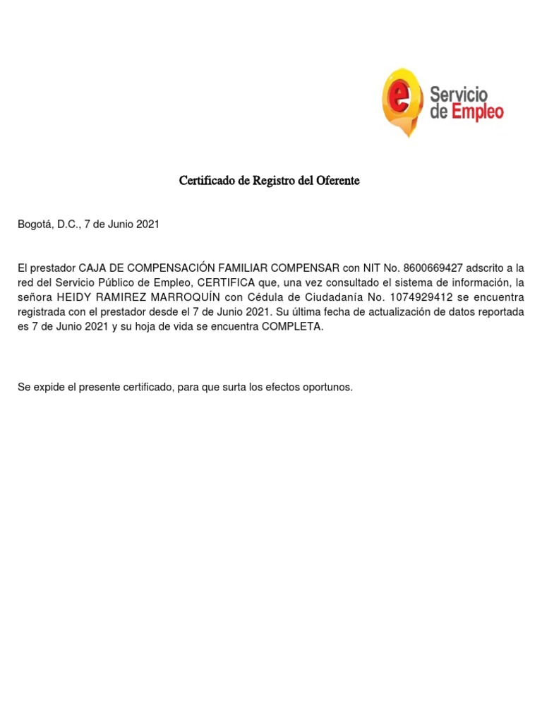 Certificado de La Agencia de Empleo y Emprendimiento | PDF