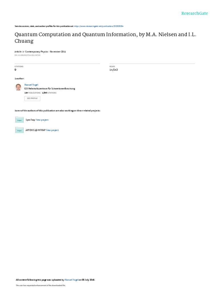 Quantum Computation and Quantum Information, by M.A. Nielsen and I.L ...