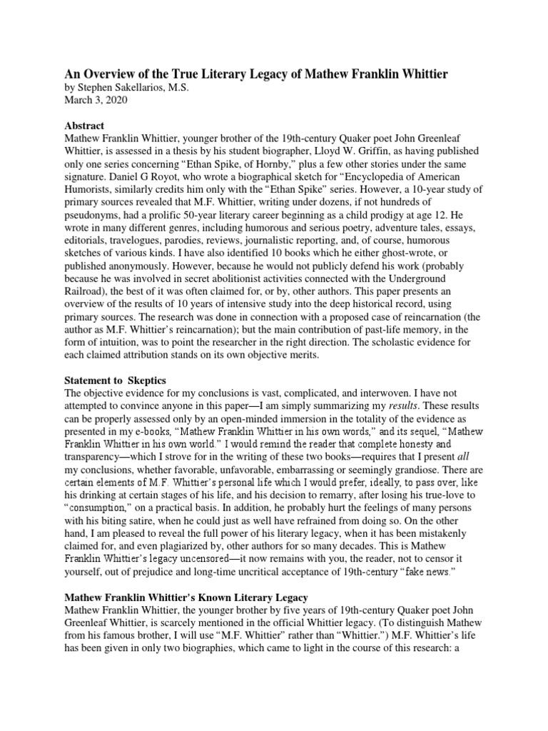 An Overview of The True Literary Legacy of Mathew Franklin Whittier ...