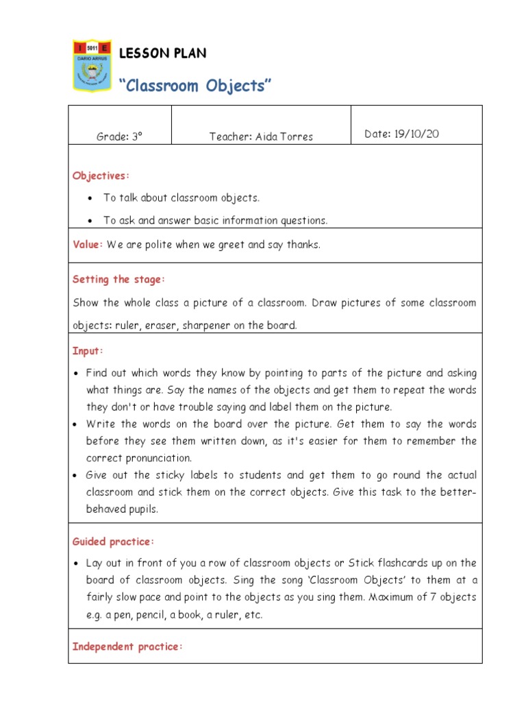 "Classroom Objects": Lesson Plan | PDF