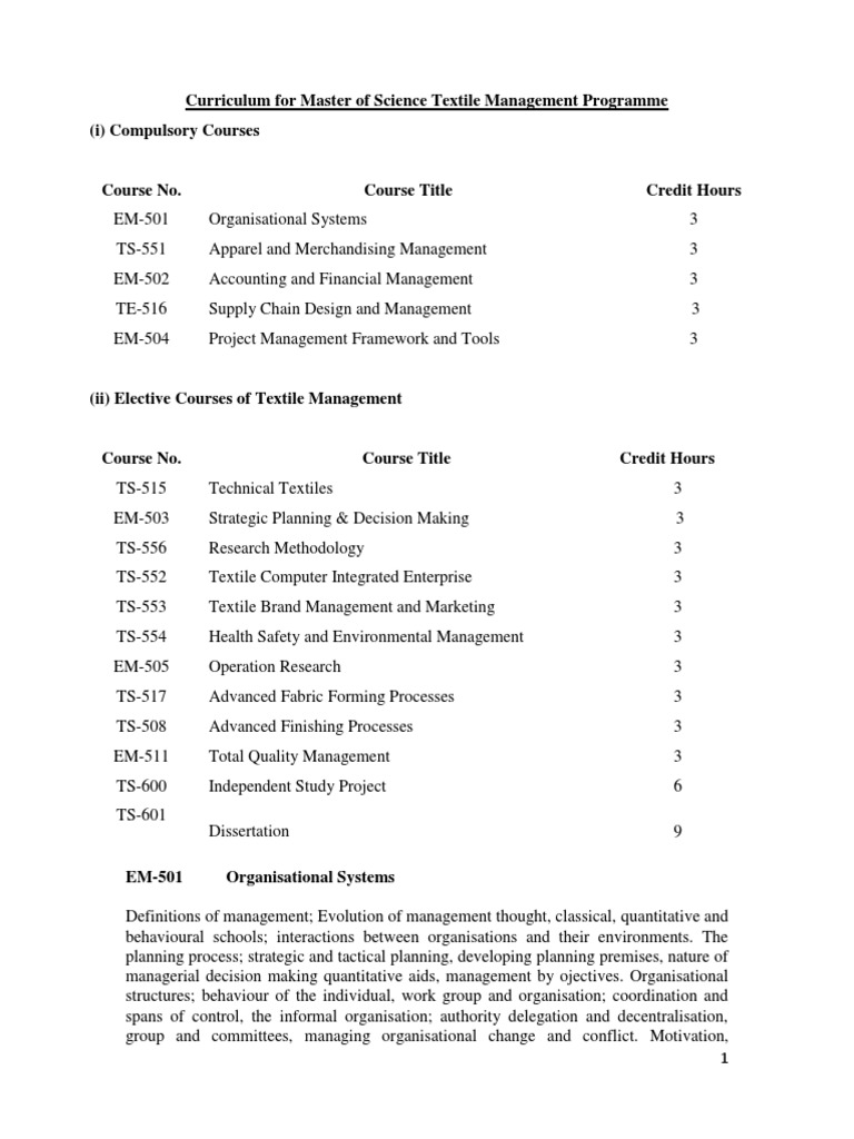Curriculum For MS Textile Management Programme | PDF | Spinning ...
