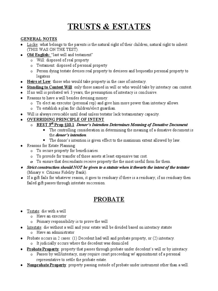 Estates Outline | PDF | Probate | Intestacy