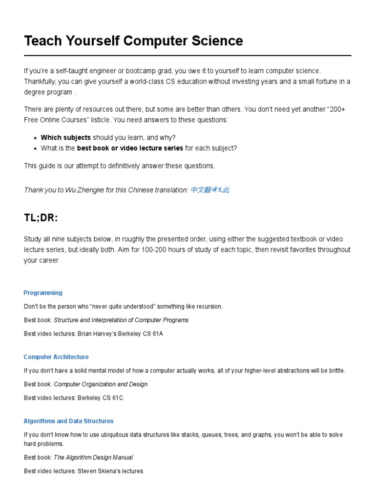Teach Yourself Computer Science: TL DR | PDF | Discrete Mathematics ...
