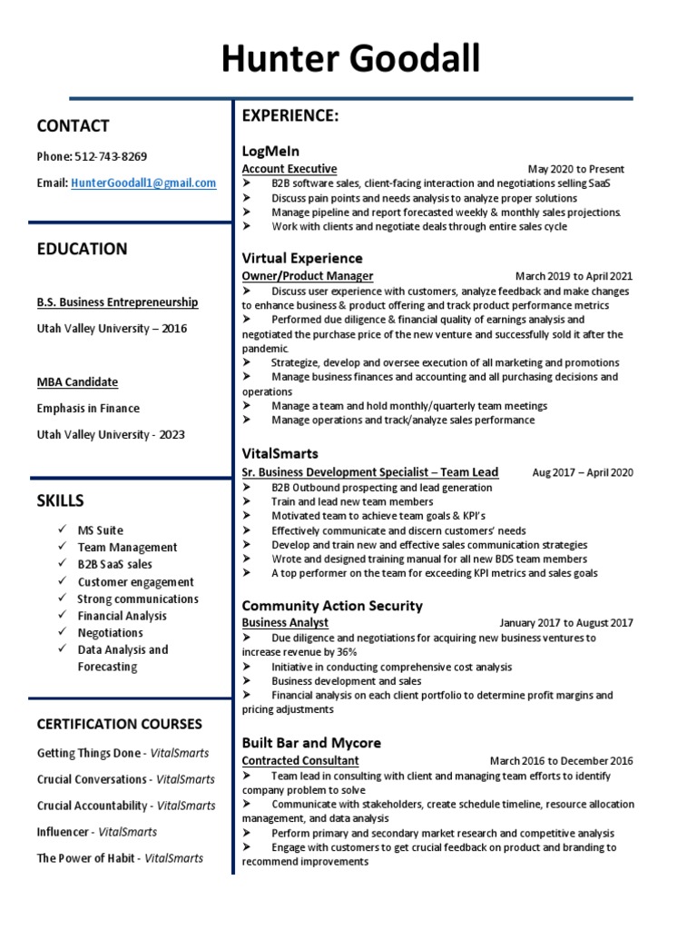 Hunter Goodall 2021 Mba Resume | PDF | Sales | Negotiation