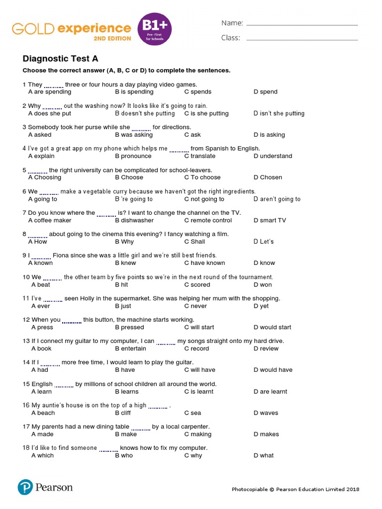 Diagnostic Test A: Choose The Correct Answer (A, B, C or D) To Complete ...