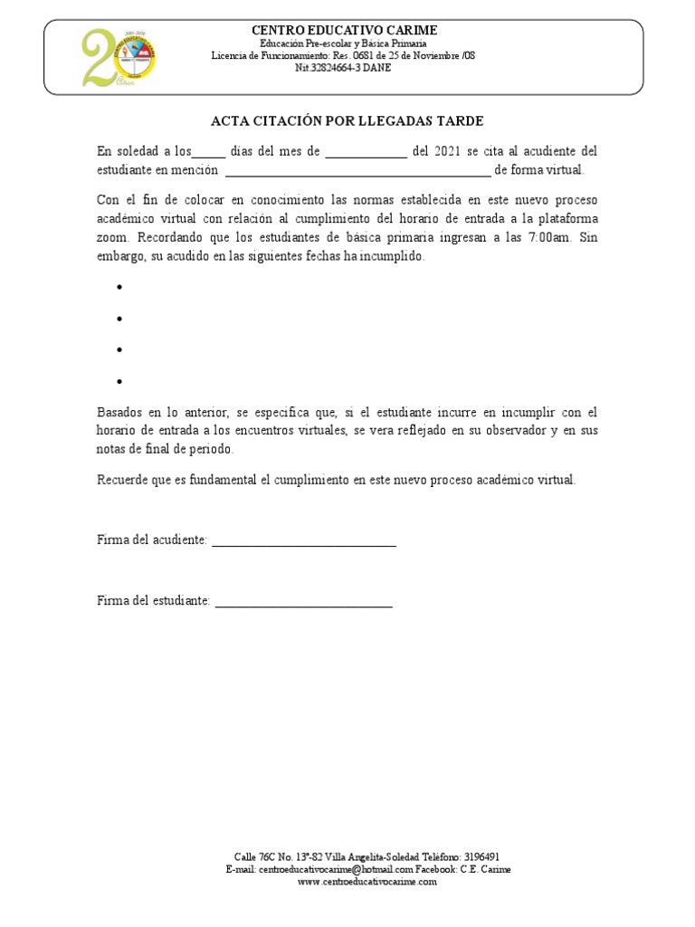 Acta de Llegadas Tardes | PDF