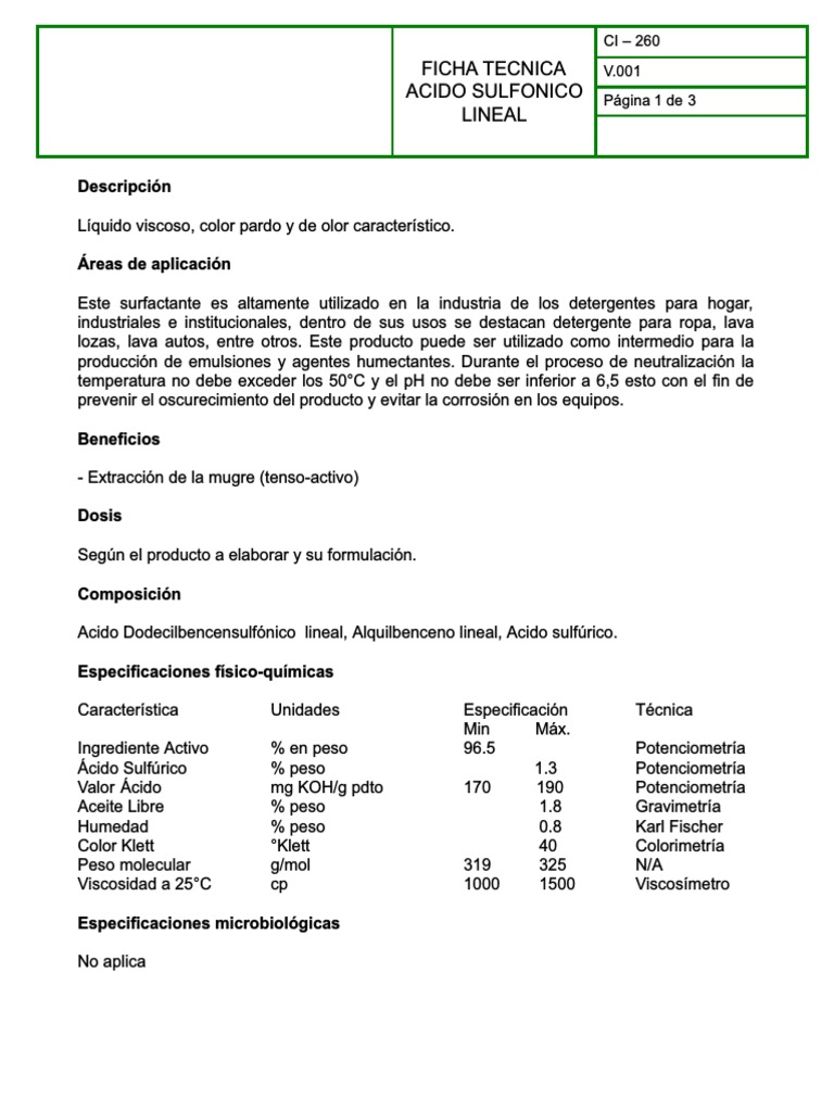 Acido sulfónico líquido ficha técnica | PDF | Detergente | Ácido sulfúrico