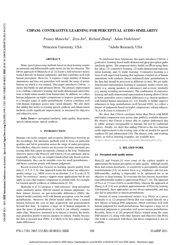 Cdpam: Contrastive Learning For Perceptual Audio Similarity Pranay Manocha, Zeyu Jin, Richard ...