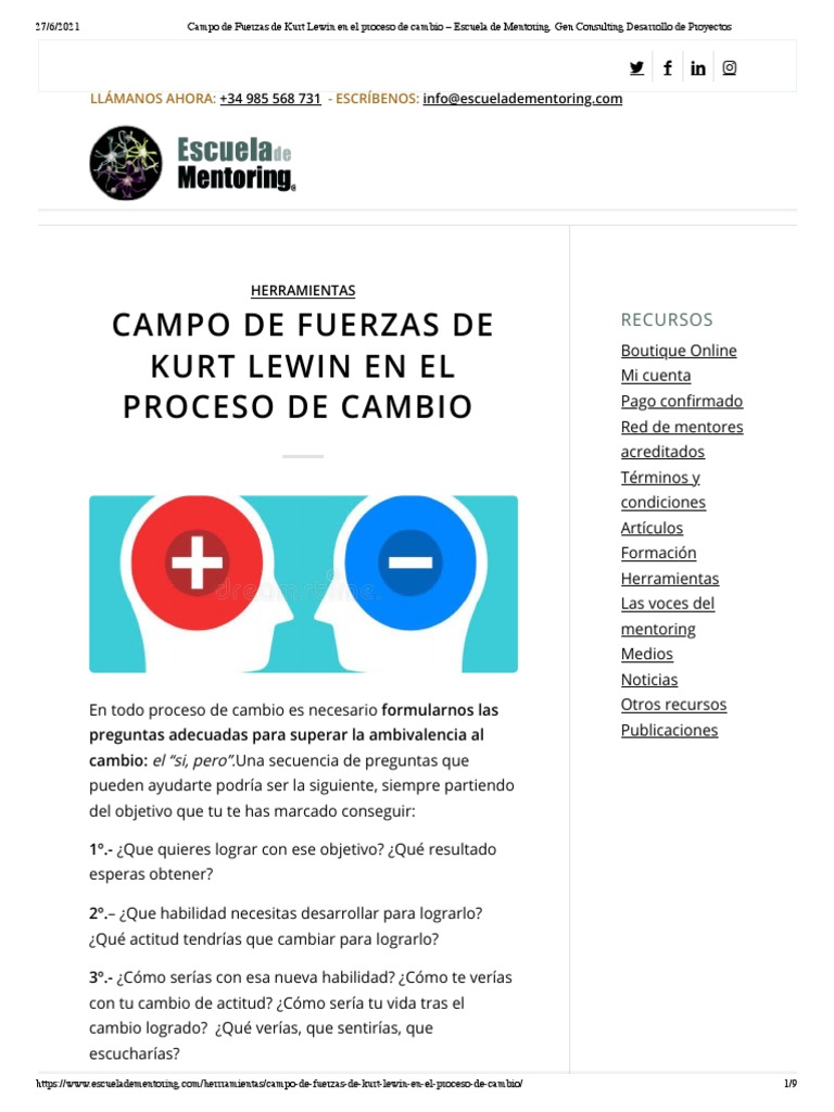 Campo de Fuerzas de Kurt Lewin en El Proceso de Cambio - Escuela de Mentoring. Gen Consulting ...