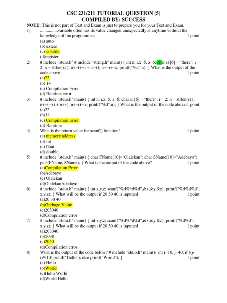 Csc 231211 Tutorial Question 5 Compiled By Success Download Free Pdf Software 