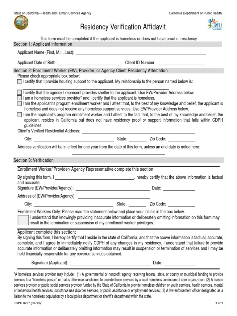 Residency Verification Affidavit: Section 1: Applicant Information ...