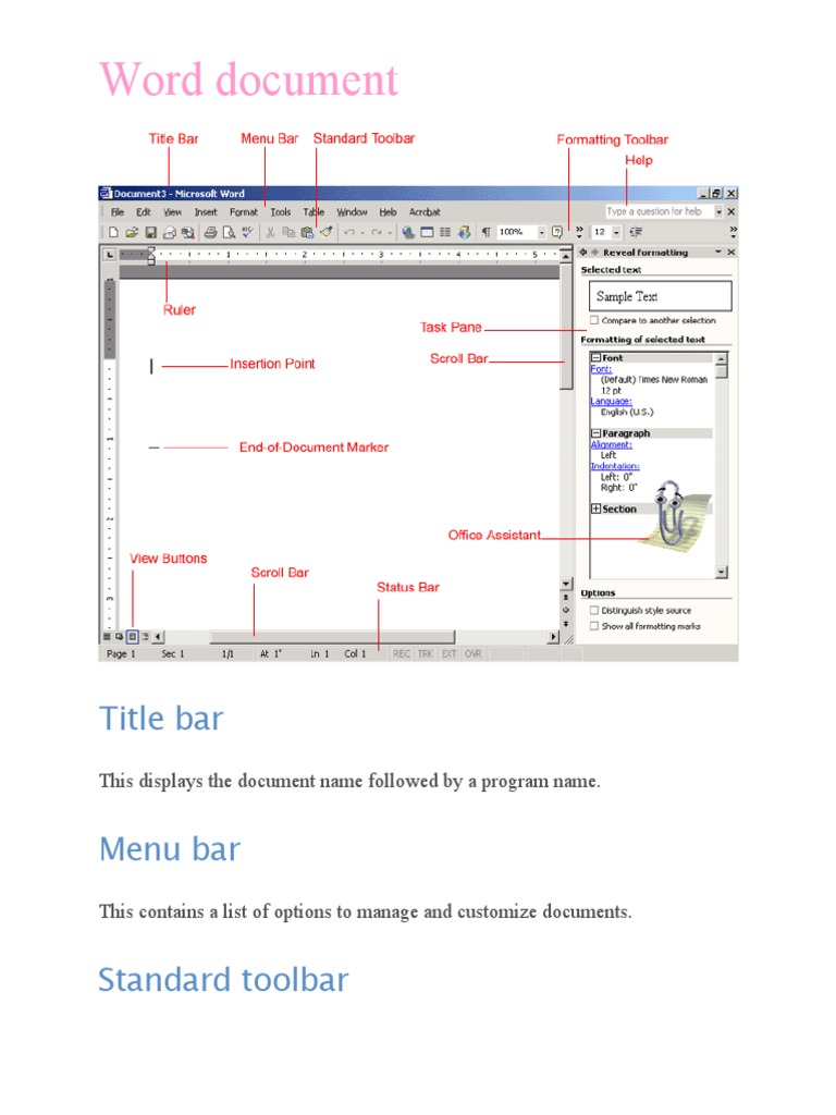 Word Document: Title Bar Menu Bar Standard Toolbar | Descargar gratis PDF | Menu (Computing ...