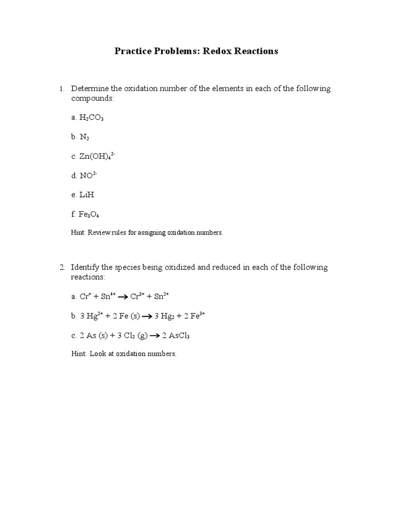 Redox Practice Problems | PDF | Redox | Chemical Reactions