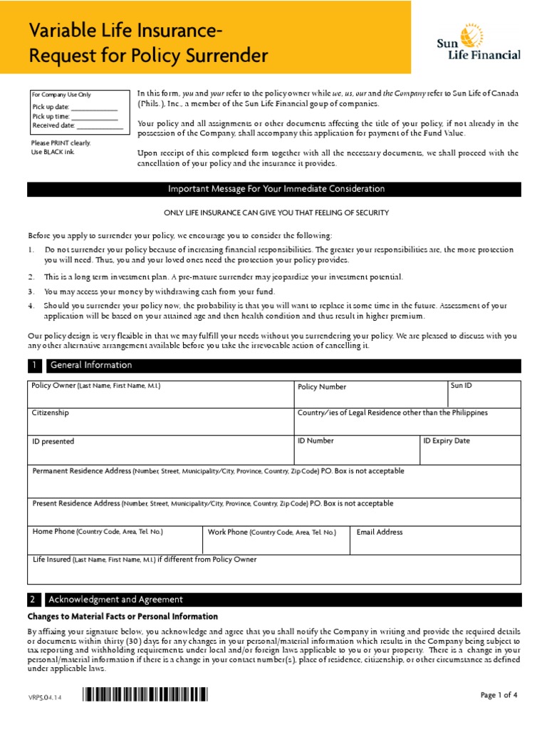 Variable Life Insurance - Request For Policy Surrender v89 | PDF | Life ...