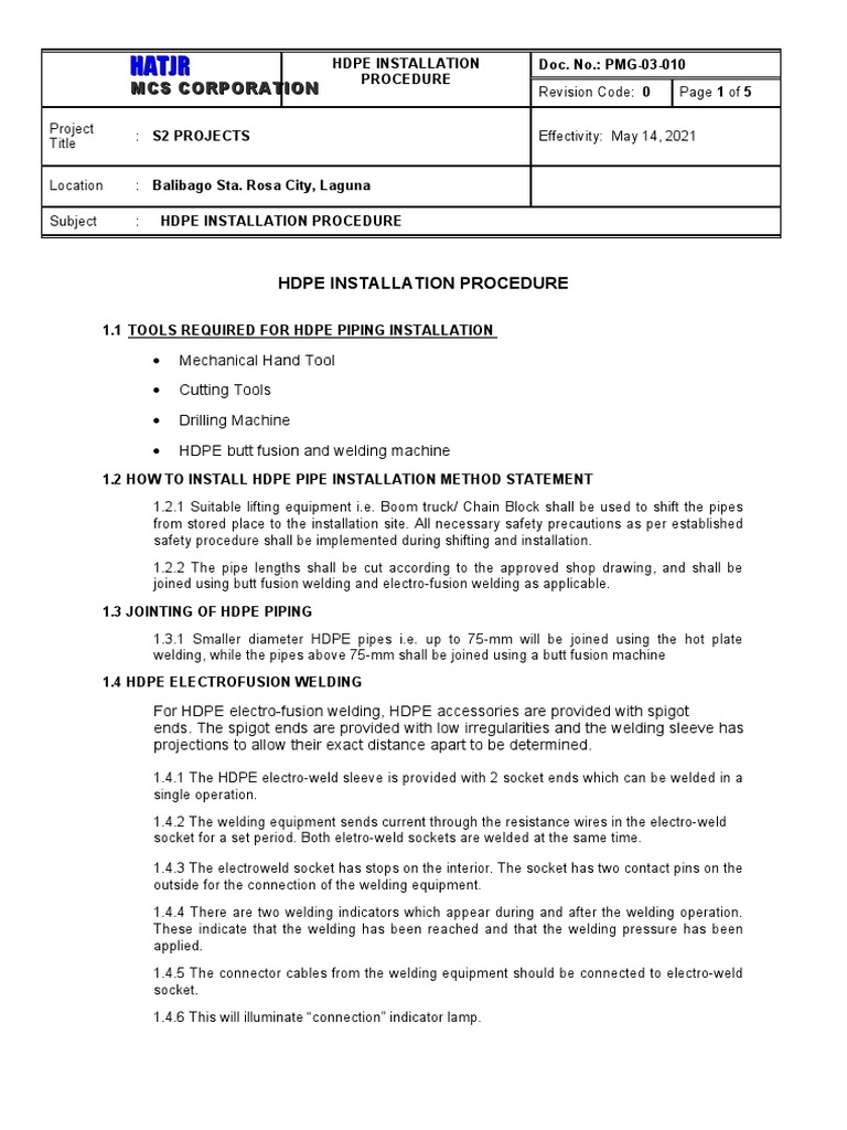 PMG-03-010 HDPE Piping Methodology | PDF | Pipe (Fluid Conveyance ...