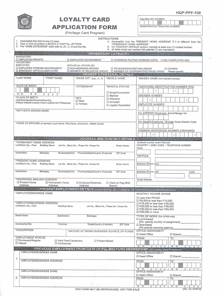 HQP - PFF - 108 Loyalty Card Application Form | PDF