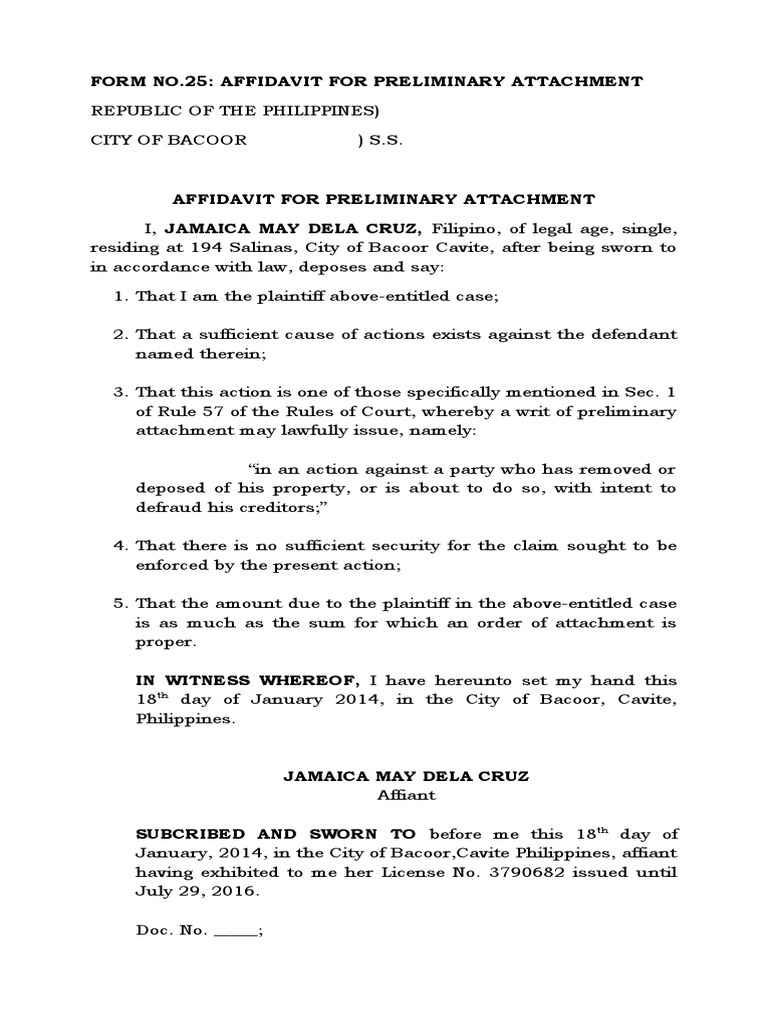 Affidavit For Preliminary Attachment | PDF