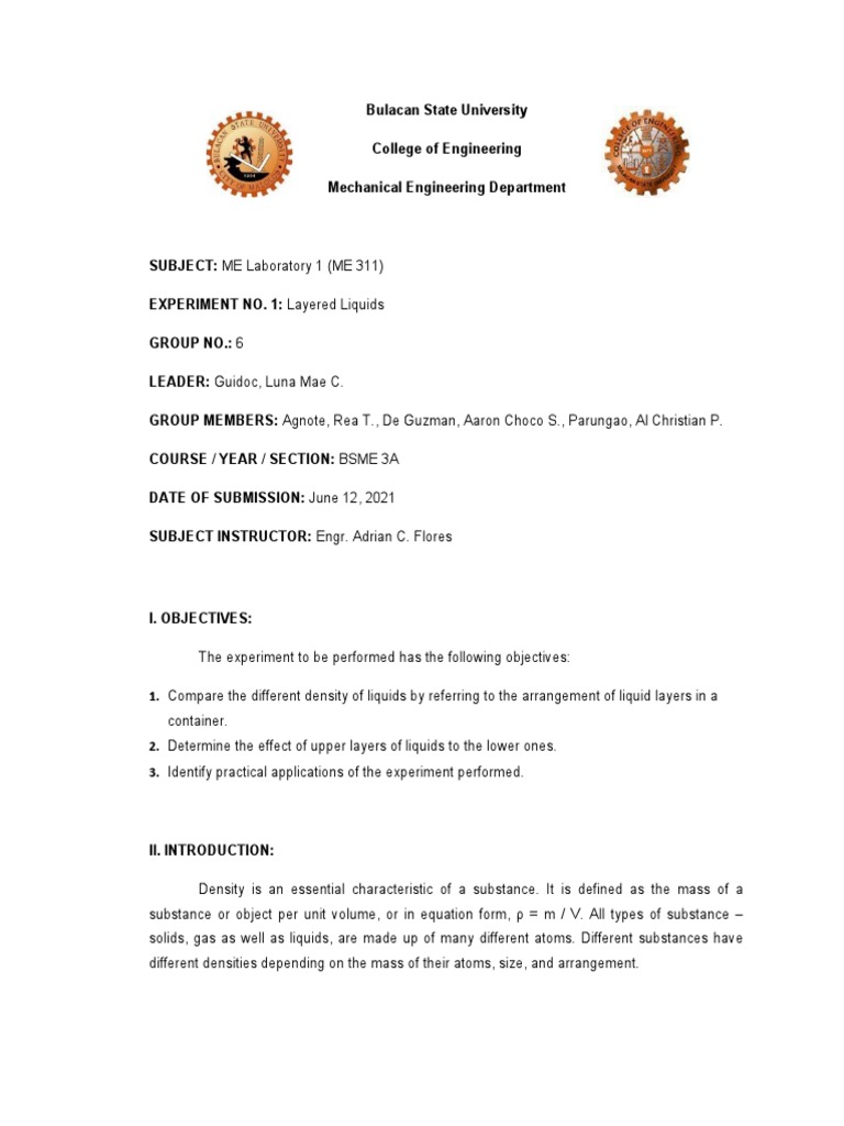 ME Laboratory 1 Experiment No. 1 | PDF | Buoyancy | Density