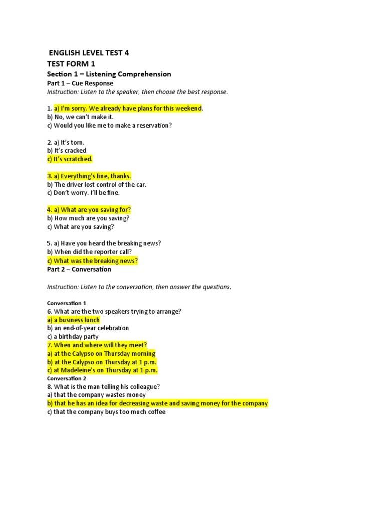English Level Test 4 Test Form 1: Section 1 - Listening Comprehension | PDF