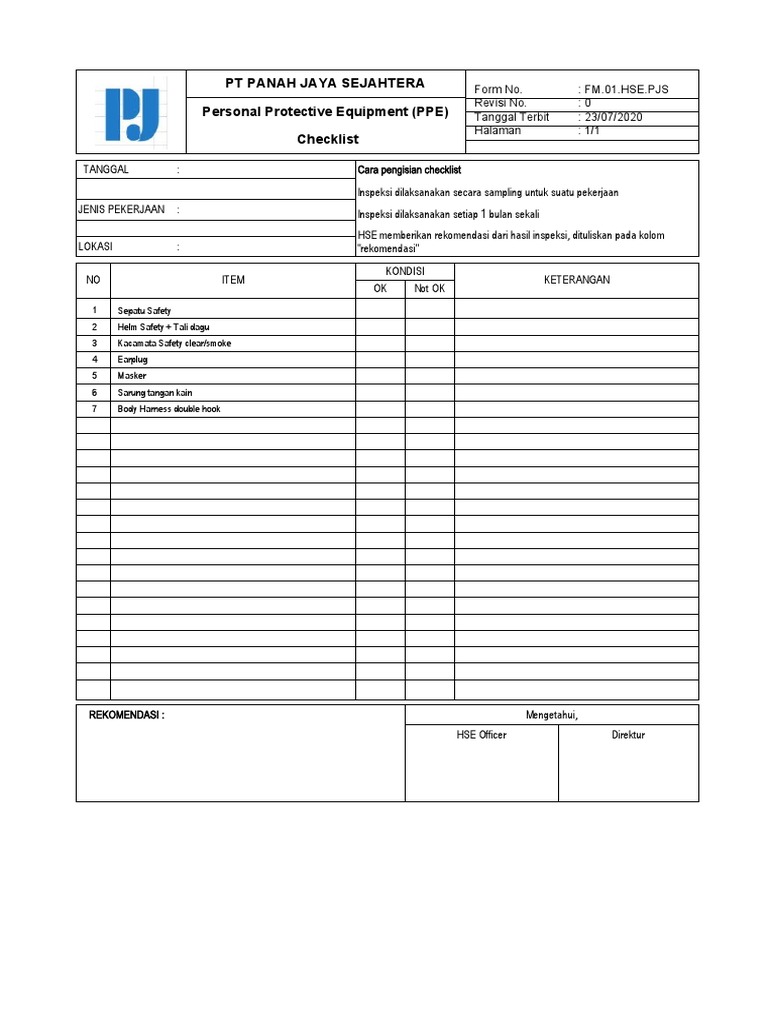 FM.01.HSE - PJS. Checklist APD | PDF