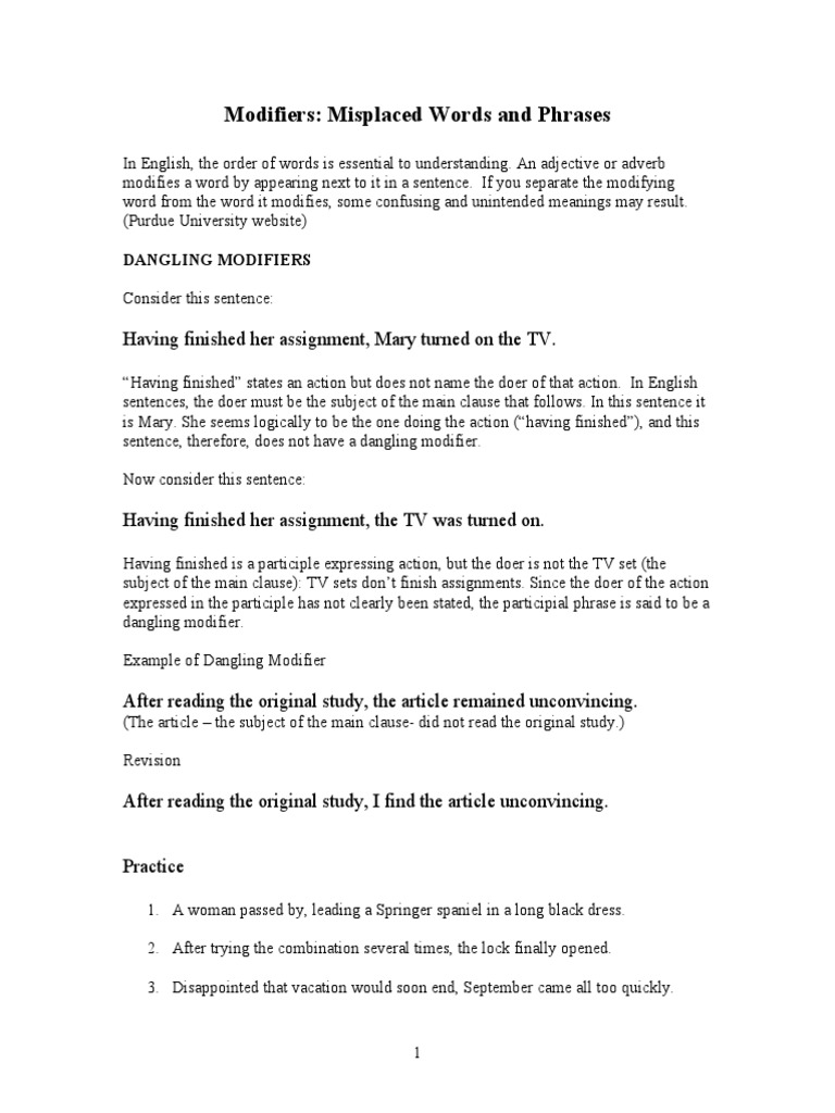 Modifiers: Misplaced Words and Phrases | PDF | Sentence (Linguistics ...