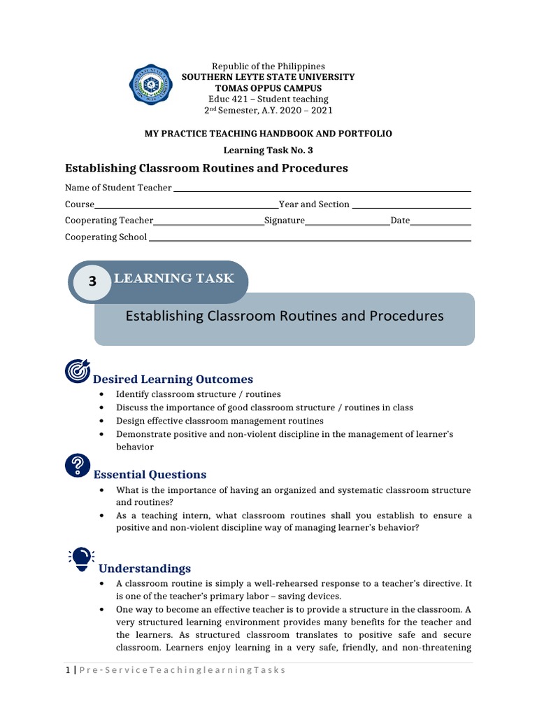 Establishing Classroom Routines and Procedures: Learning Task | PDF ...