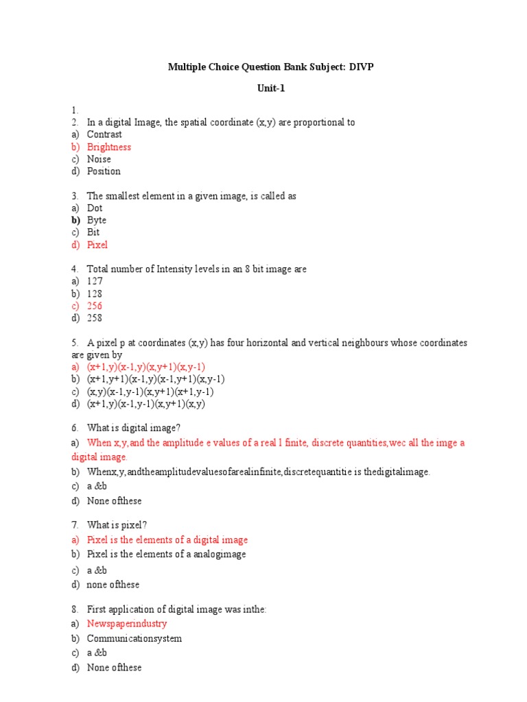 DIP Unit 1 MCQ | PDF | Pixel | Color