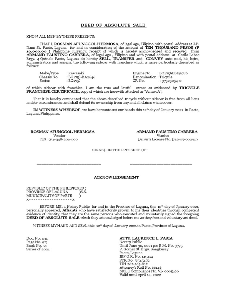 DEED OF ABSOLUTE SALE Franchise (Cabrera) | PDF | Deed | Civil Law ...