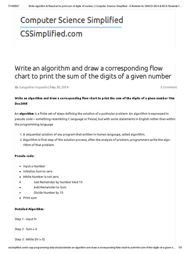 Write An Algorithm and Draw A Corresponding Ow Chart To Print The Sum ...