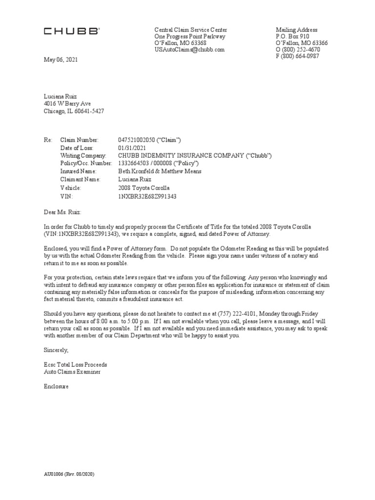 Claim Number: ("Claim") Date of Loss: Writing Company: ("Chubb") Policy ...
