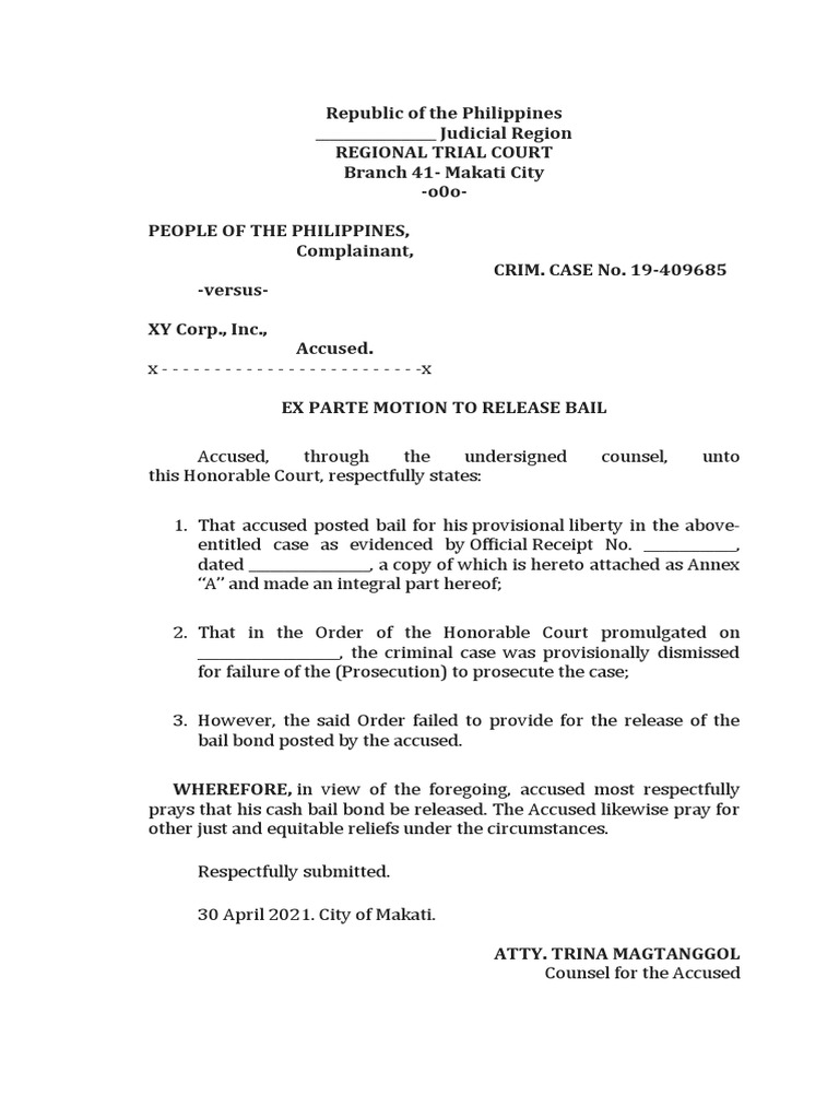 Philippines court motion release bail bond | PDF