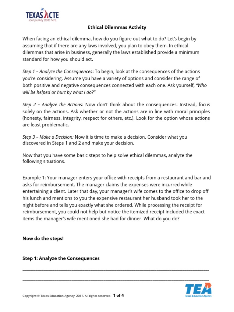 Ethical Dilemmas Activity - 0 | PDF | Integrity | Social Institutions