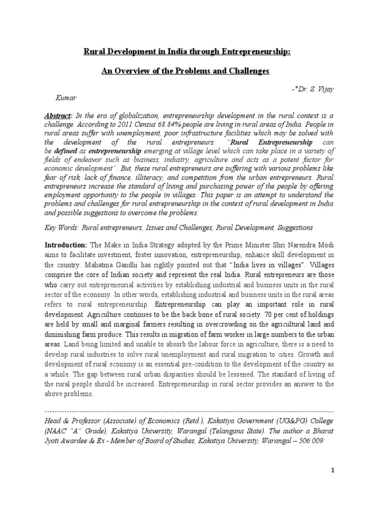 Rural Development in India Through Entrepreneurship: An Overview of The ...