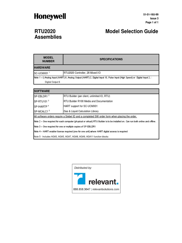 RTU2020 Model Selection Guide Assemblies: Model Number Hardware ...