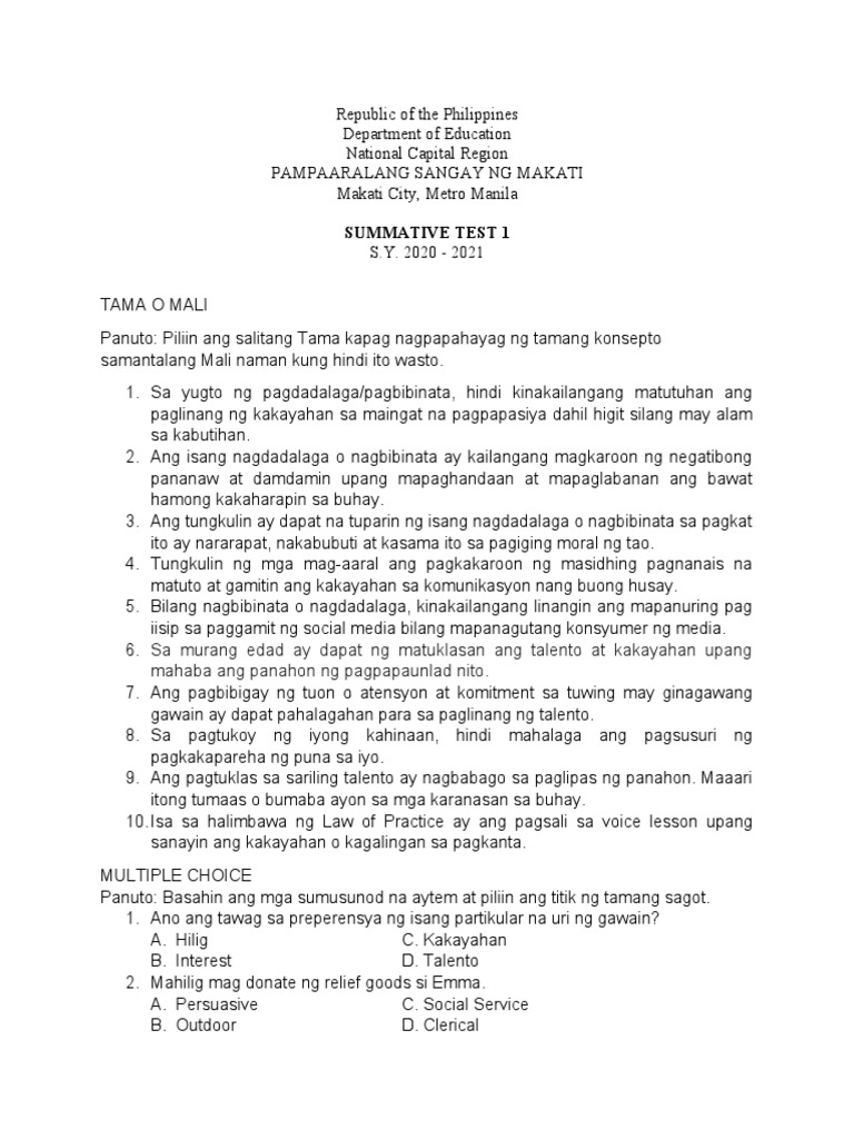 Summative Test Esp Grade 7 | PDF