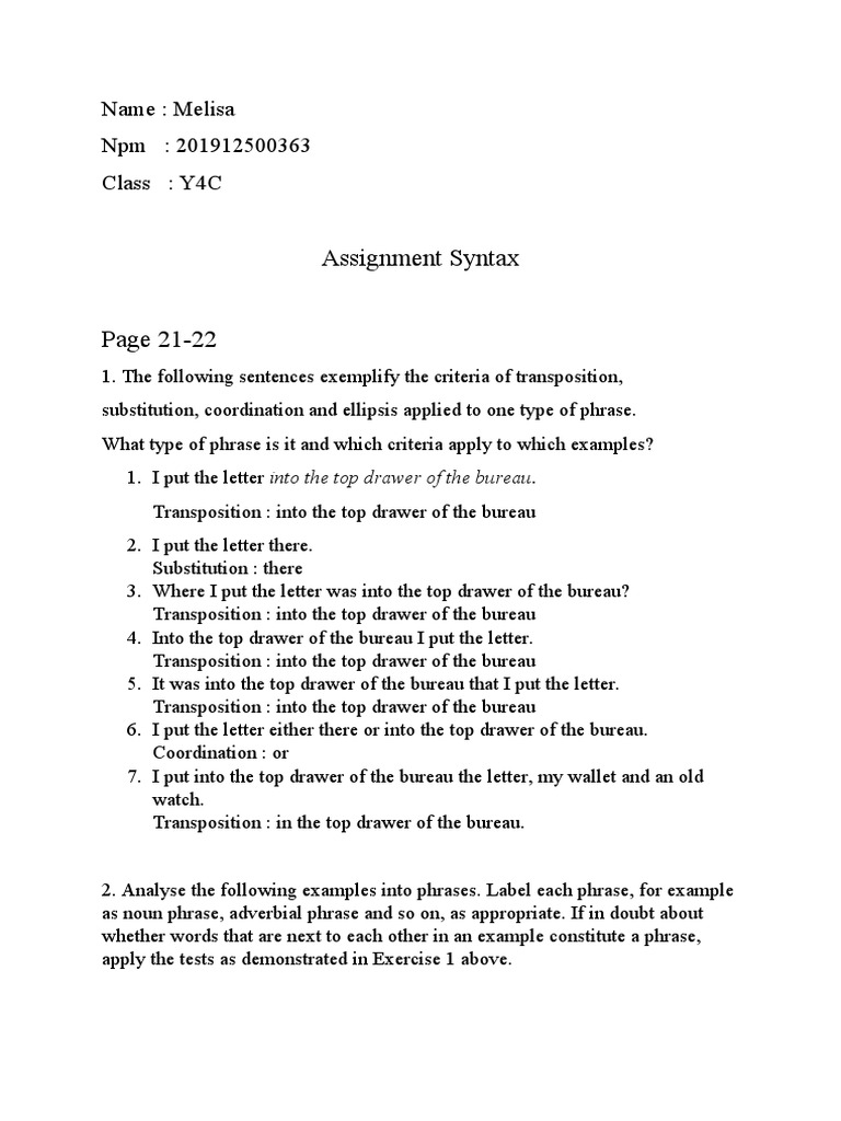 Assignment Syntax: Name: Melisa NPM: 201912500363 Class: Y4C | PDF | Adjective | Phrase