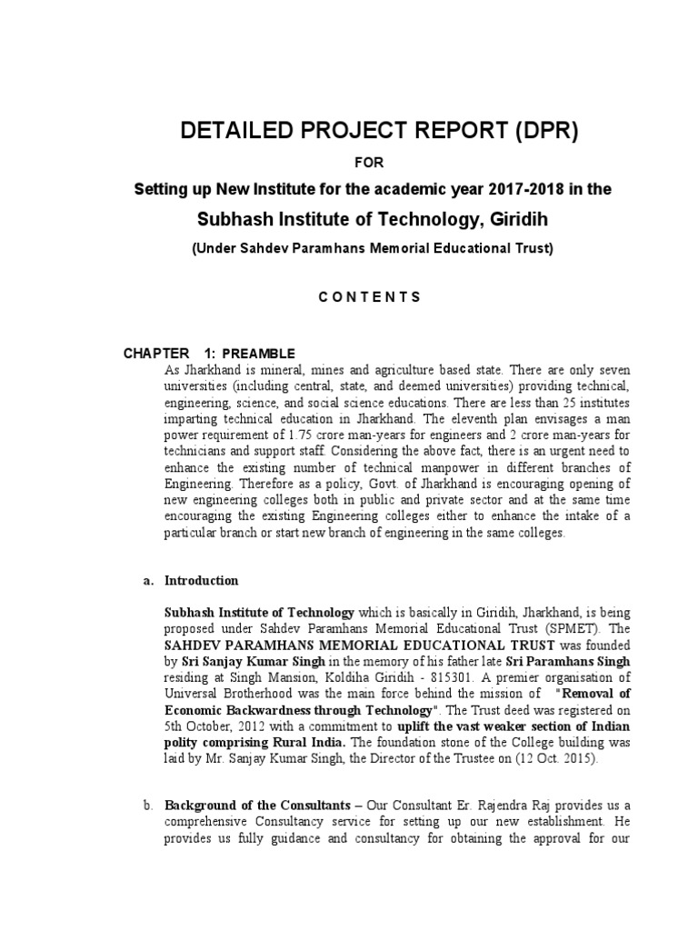 Detailed Project Report (DPR) : Subhash Institute of Technology ...